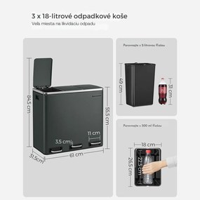 Koš na třídění odpadu SORT 54 l (3×18 l), antracitová/stříbrná SongmicsHome