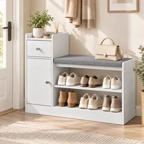 HOMCOM Lavička na boty s polštářkem, zásuvkou a otevřenými přihrádkami, předsíňová lavička 90x29,8x67,8 cm, bílá