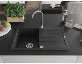 Mexen Bruno, 1-komorový granitový dřez s odkapávačem 80x50 cm a kuchyňskou baterií Telma, černá-stříbrná, 6513-73-670200-00