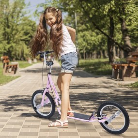 Dětská koloběžka HOMCOM 16" s pneumatikami, výškově nastavitelná koloběžka v růžové barvě pro děti od 5 let, stabilní a bezpečná