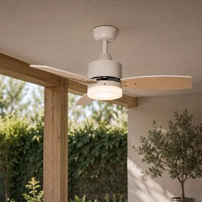 Venkovní stropní ventilátor bílý s dřevěným potiskem 91,3 cm vč. LED stmívatelný s dálkovým ovládáním IP44 - Toledo