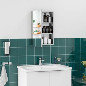 Kleankin Koupelnová Skříň s Zrcadlem, Nástěnná Skříň s Dveřmi a 3 Úložnými Policemi pro Sprchu a Toaletu 39x12x60 cm Stříbrná