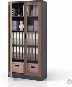 Kovová skříň s vitrínou antracitová, ořech, 900x1850x400 mm: AMELIA Eco Design