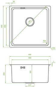 Laveo Aden, 1-komorový nerezový dřez 440x440x200 mm, zlatá matná, LAV-SLA_G10P