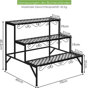 Costway Flower Rack 3-vrstvý kovový stojan na rostliny – 70 × 60 × 60 cm, černý