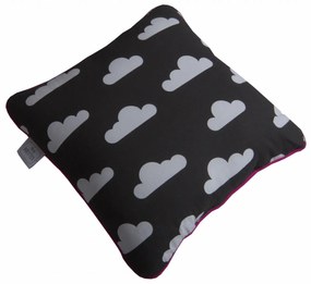 Vigvam design Bílé mraky na černé, tmavě růžový lem - Polštář Mraky