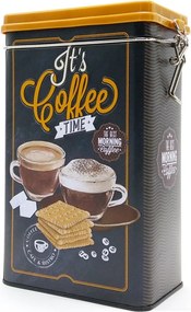 Plechová dóza It‘s Coffee Time, 500 g – černá, matný povrch, s kávovým motivem, s patentním uzávěrem, na kávu, bylinky, těstoviny a drobnosti