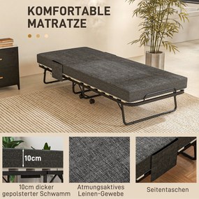 Skládací postel pro hosty HOMCOM s kolečky, 190x80 cm, 10 cm matrace, potah a boční taška, tmavě šedá, ideální do ložnice a na cesty | Aosom.de