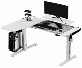 Herní stůl ULTRADESK WINGER – 111x155x60 cm, elektricky nastavitelná výška, RGB podsvícení, bílá