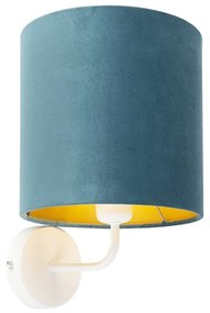 Vintage nástěnná lampa bílá s odstínem modrého sametu - Matt