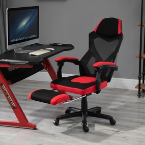Herní židle Vinsetto Ergonomická kancelářská židle s výškově nastavitelnou podnožkou polyester černá červená 58 x 72 x 112-122 cm pro kancelář a hran…