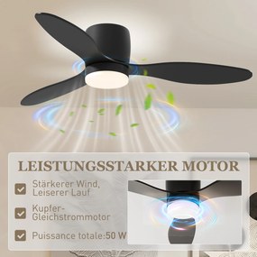 Stropní ventilátor s lampou a dálkovým ovládáním, 3 barvy světla, 6 rychlostí, nastavitelný jas, černý