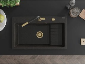 Mexen Omar, 1-komorový granitový dřez 800x480x210 mm, černá-zlatá metalíza, zlatý sifon, 6520801005-75-G