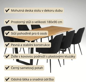 Vikio Jídelní set pro 6 osob 180x90 cm dub noha U černá židle s područkami VJS168-6C