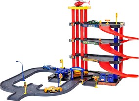 LEAN Toys Vícepodlažní parkoviště, 4 podlaží, s výtahem, vrtulník, autíčka, 70 dílů