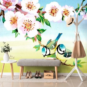 Samolepící tapeta sýkorky a kvetoucí květiny - 150x100 cm