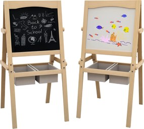 Dětský easel AIYAPLAY 3 v 1 s oboustrannou tabulí, dřevěný easel pro kreslení s papírovým válcem a 2 košíky 58x50,5x109 cm přírodní | Aosom
