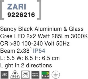 NV 9226216 Venkovní nástěnné svítidlo ZARI černý hliník a sklo Cree LED 2x2W 3000K 100-240V 2x38st. IP54 světlo ve dvou směrech - NOVA LUCE
