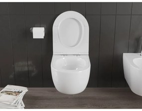 Mexen Carmen, závěsná WC mísa 490x365x340 mm, Rimless Tornádo + WC sedátko z duroplastu, bílá lesklá, 30880500T