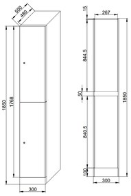 Šatní skříňka s úložnými boxy, 2 boxy, 1850 x 300 x 500 mm, zámek s čtečkou RFID karet, béžové dveře