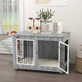 PawHut klec pro psy, psí bouda, klec pro domácí mazlíčky s polštářem, 2 zámky pro střední psy, klec pro psy s dvojitými dveřmi, šedá, 90 x 58 x 65 cm