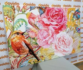 Obraz vintage ptáček s květinami - 60x40 cm