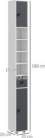 Kleankin Moderní vysoká skříňka do koupelny s 1 zásuvkou, 5 výškově nastavitelnými policemi a 2 dvířky - Koupelnový nábytek do 30 kg, 20x20x180 cm, Š…