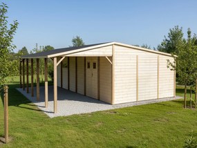 nejzahradnidomek.cz - Dřevěný domek GINKO s terasou - Premium, barva natur, (7,7 × 6,45 m), výška stěn 2 m, ST_GINKO2