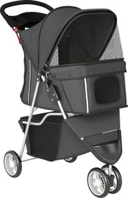 PawHut skládací kočárek pro malé psy s úložným košem, síťovými okny a držákem na nápoj — nosnost 10 kg, 77 × 44 × 102 cm, tmavě šedý