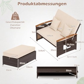 Costway 3 in 1 zahradní dvoulůžko denní pohovka ratanová zahradní pohovka s 4