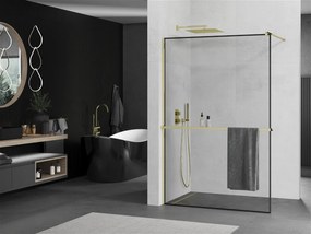 Mexen Kioto+, sprchová zástěna s poličkou a držákem na ručníky 70 x 200 cm, 8mm čiré sklo vzor černý rám, zlatý profil, 800-070-121-50-70