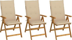 vidaXL Skládací zahradní židle s poduškami 3 ks masivní akáciové dřevo [3064089] Barva: Béžová