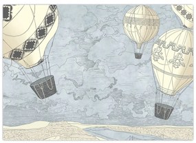 Skleněný obraz - Balóny nad městem, chladné tóny (70x50 cm)