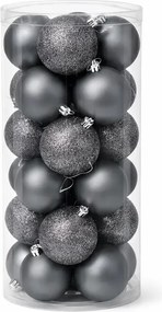 Sada vánočních ozdob tmavě stříbrná 6 cm plastové baňky, 12×  glitter, 12× mat, balení 24 ks