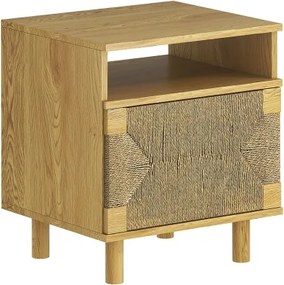 HOMCOM boho noční stolek s dveřmi z papírového lana, otevřená přihrádka s otvorem pro snadné otevírání 45x39x50 cm dub