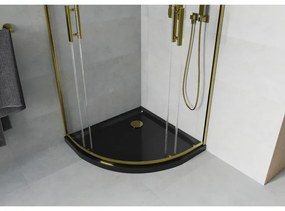 Mexen Rio, čtvrtkruhový sprchový kout s posuvnými dveřmi 80 (dveře) x 80 (dveře) x 190 cm, 5mm čiré sklo, zlatý profil + černá sprchová vanička SLIM, 863-080-080-50-00-4170G
