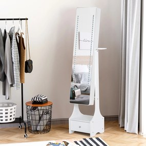 HOMCOM LED šperkovnice 2 v 1, šperkový regál se zrcadlovou skříňkou a zásuvkou, MDF, bílá, 37 x 30 x 158 cm