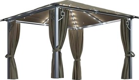 Altán se závěsy a světelnými LED řetězy 3 x 3 m taupe hliník 3070334