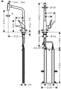 Hansgrohe Metris Select M71, kuchyňská páková baterie 320, vytahovatelná sprška, 2jet, sBox, chromová, HAN-73816000