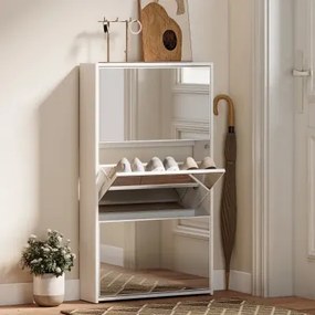 HOMCOM zrcadlová skříňka na boty se 3 sklápěcími zásuvkami pro 9 párů bot, ze dřeva, 65x17x114,5 cm, bílá