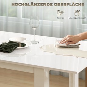 HOMCOM Rozkládací jídelní stůl, 120-160 x 70 cm, nastavitelný kuchyňský stůl pro 4-6 osob, MDF, vysoký lesk bílá