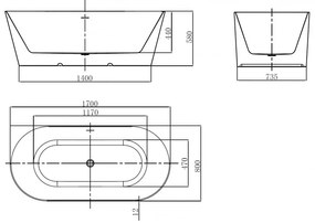 Mexen Oval Slim, volně stojící vana ke stěně 170 x 80 cm, bílá lesklá, chromový přepad, 52661708000-01
