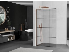 Mexen Kioto L, sprchová zástěna Walk-In 100 x 200 cm, 8mm čiré sklo černý vzor, ​​měděný matný profil, 800-100-103-65-77