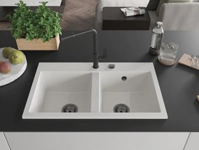 Mexen Hektor, 2-komorový granitový dřez 800x480x205 mm, bílá, grafitový sifon, 6521802000-20-B