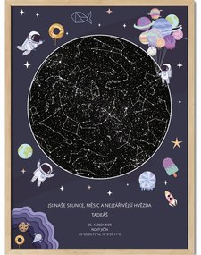 Hvězdná mapa Vašeho životního okamžiku Rozměr plakátu: 30 x 40 cm, Barva pozadí: Bílá, Volba rámu: Lípa dřevěný rám