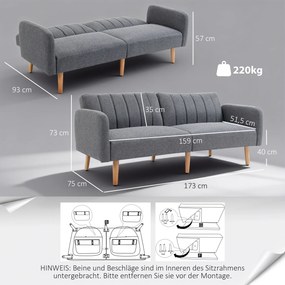 HOMCOM Rozkládací pohovka 2místná, rozkládací pohovka s funkcí spaní, polyester podobný lnu, kaučukové dřevo, šedá, 173x75x73cm| Aosom