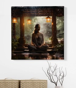 Obraz na plátně - Meditace, žena v altánku za deště FeelHappy.cz Velikost obrazu: 140 x 140 cm