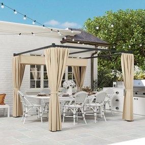 Outsunny pergola 3 x 3 m, volně stojící zastřešení terasy s posuvnou střechou, 4 boční stěny, odolné proti UV, béžové