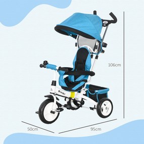 HOMCOM 6v1 Tříkolka s Plochým Řídítkem, Dětská Tříkolka s Odnímatelnou Slunečníků, Balance Bike s 5-bodovým Bezpečnostním Pásem, Košíkem, Držákem na …
