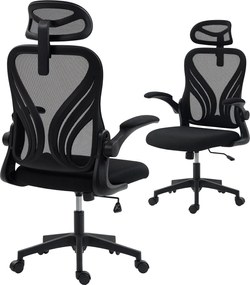 HOMCOM ergonomická kancelářská židle se síťovinou, skládací opěradlo, 2D nastavitelná opěrka hlavy, vyklápěcí područky, bederní podpora, houpání a 360